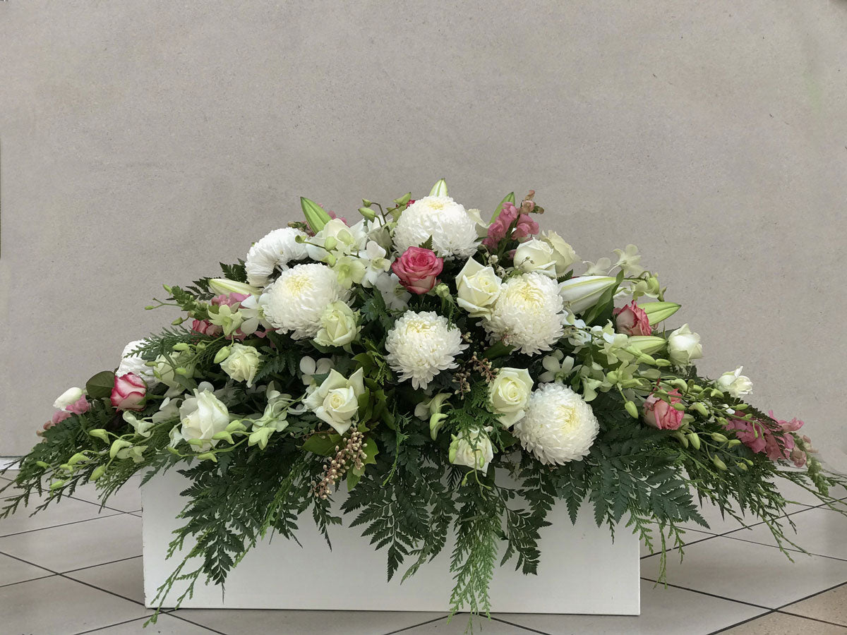 Casket Arrangement mixed white flowers – Matilda's Flowers